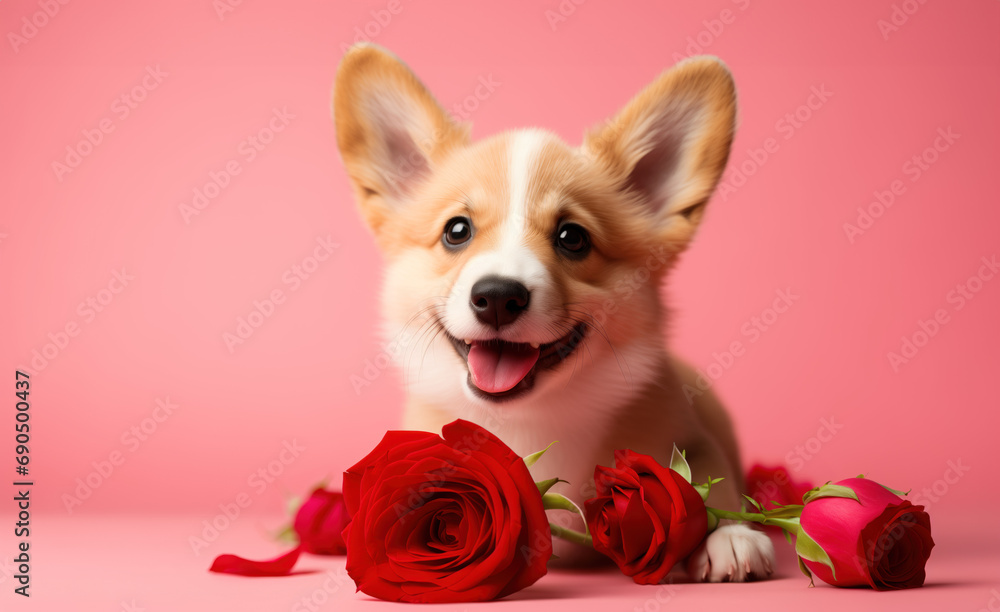 Cute corgi puppy dog with red rose flowers sitting looking at camera ...