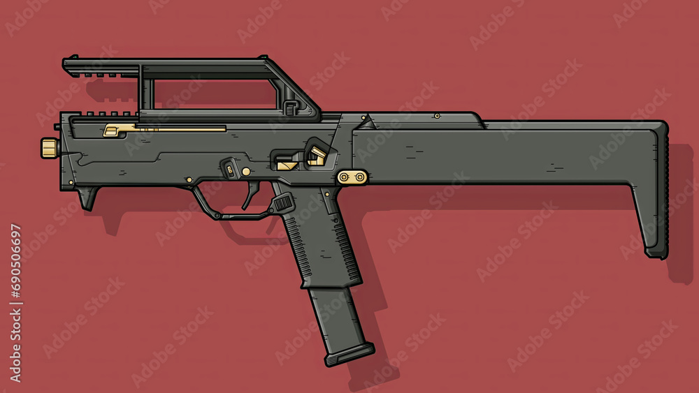 Black FDC9 submachine gun, FDP on a red background. Weapons, military ...