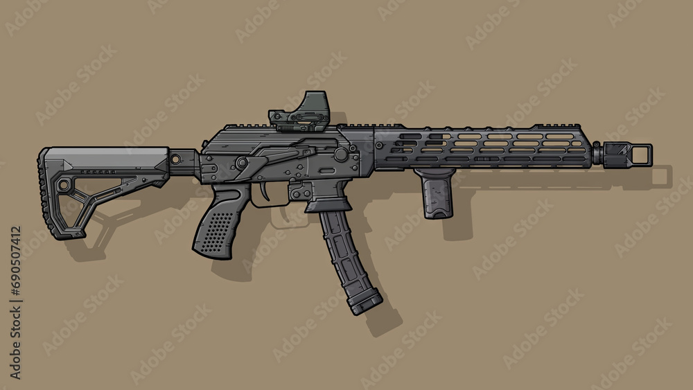 Black Saiga-9 submachine gun on a beige background. PRACTICAL SHOOTING ...