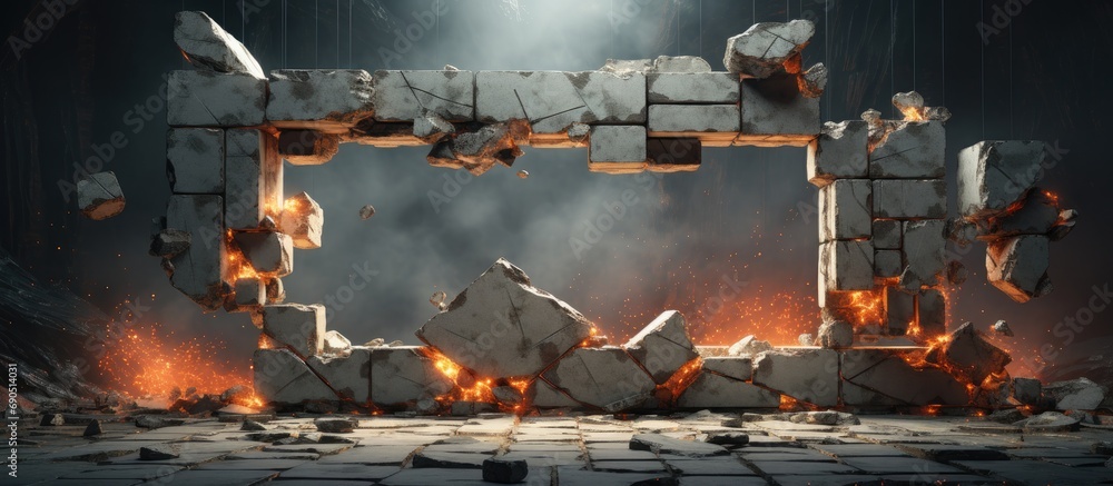 Minimal futuristic concept with levitating broken concrete pieces, neon ...