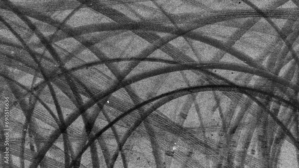 Aerial top view car tire marks burnout, Tire marks on the asphalt road ...