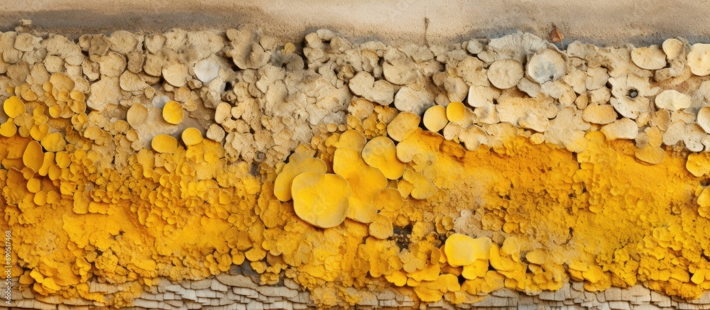 Mediterranean beach building wall with yellow fungus, moss, lichen, and ...