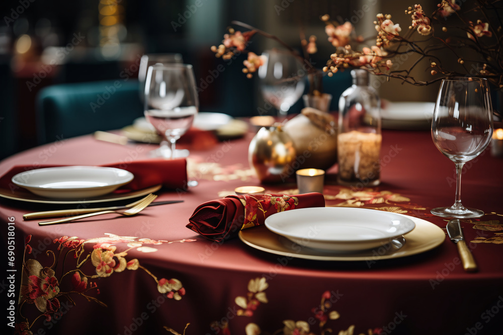 Spring Festival celebration: Silk-lined empty dining table in focus ...