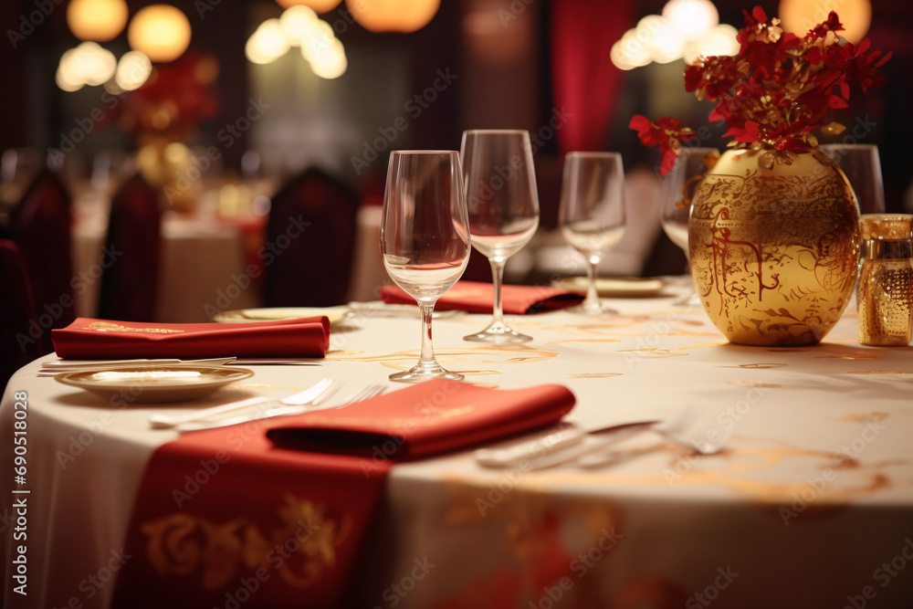 Spring Festival celebration: Silk-lined empty dining table in focus ...