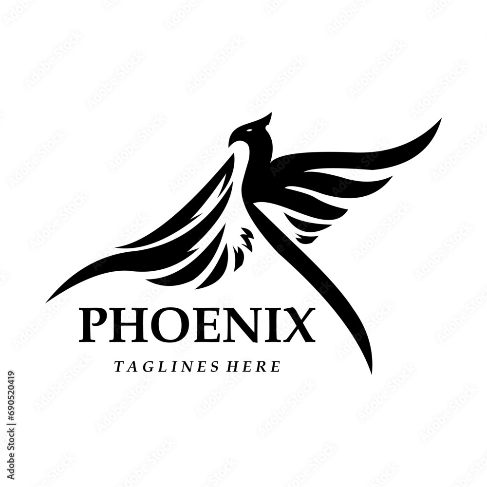 A black and white flame bird drawn with various lines in a side pose ...