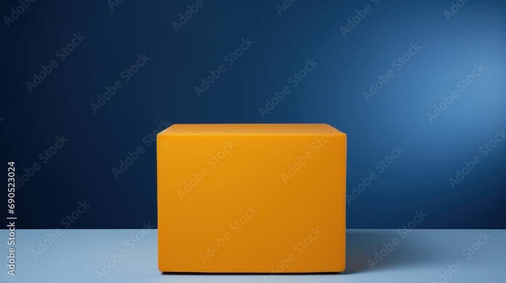 an orange cube sitting on top of a blue floor in front of a blue wall ...