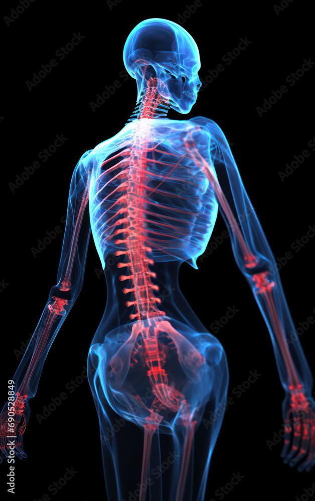 Transparent blue human body showing the bone system and spine with a ...