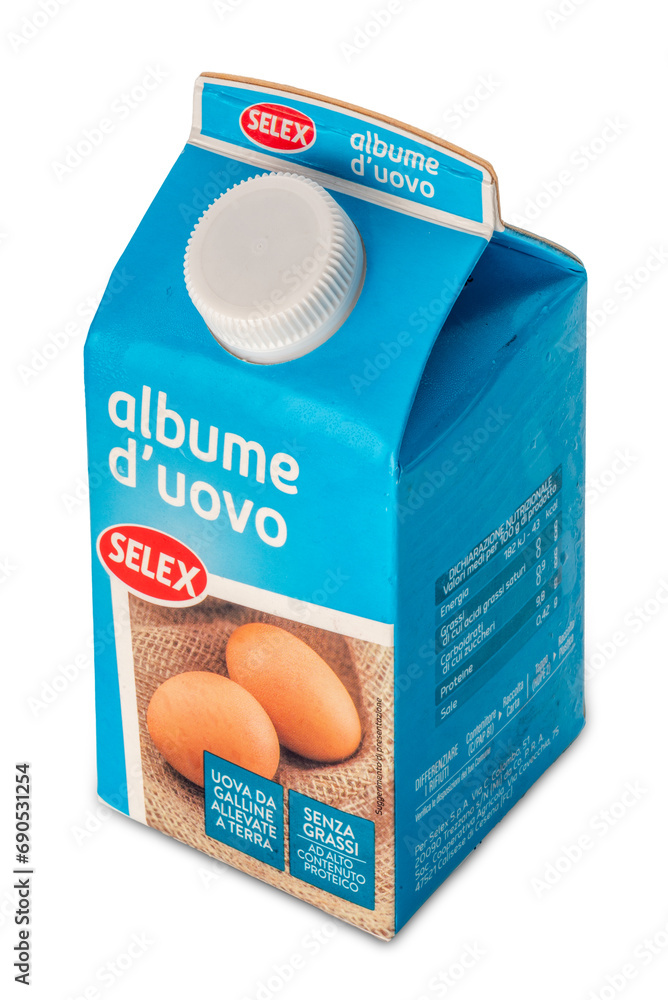 Italy - Jun 02, 2023: Egg white in food carton box of Italian brand ...
