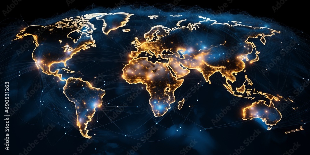 A graphical representation of a global network overlaying a map of the ...
