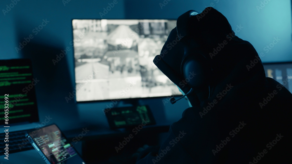 Back A Dangerous Hacker Wearing Headphones Using Computer Attack On Goverment Servers Hacker In