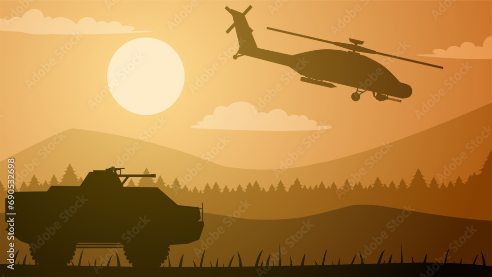 Military landscape vector illustration. Silhouette of military vehicle ...