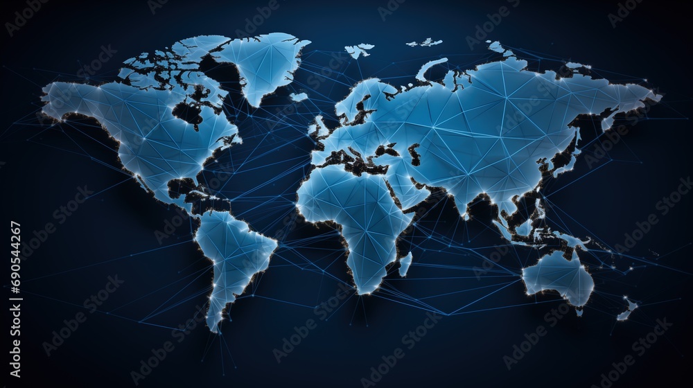 An interconnected network of blue lines on a world map, illustrating a ...