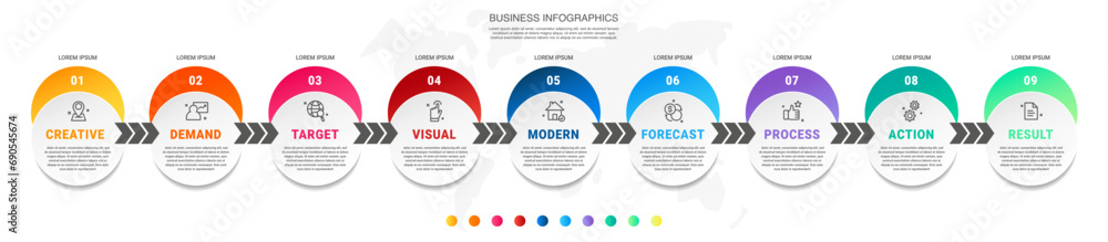 Business vector infographics with 9 circles and arrows. Timeline ...