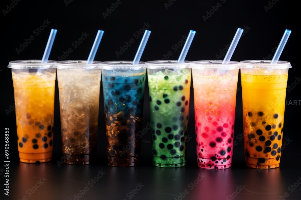 Six big plastic cups of bubble tea in a row. Popular asian tapioca ...