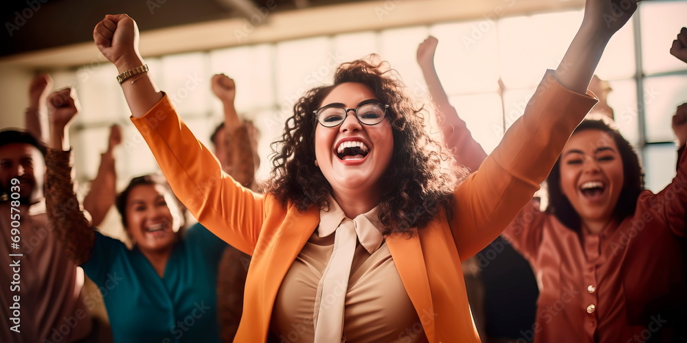 plus-size manager celebrating a successful project completion with her ...