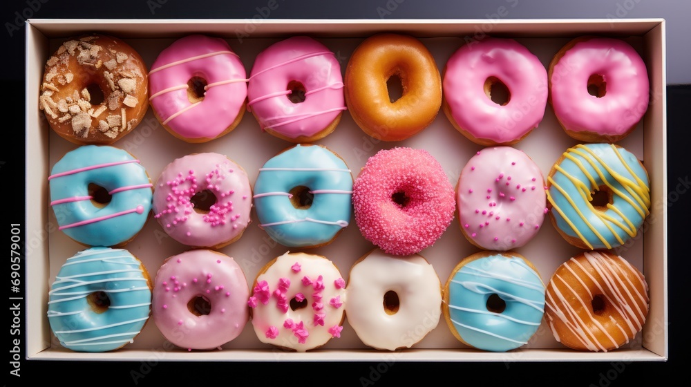 Colorful assortment of donuts in a box, neatly arranged on a table ...