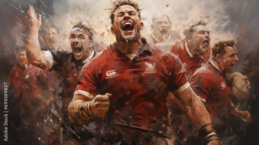 Rugby team celebrating victory.Young football supporter fans cheering ...