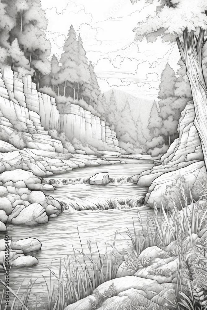 fall river clean line coloring page for Kids and adults Stock ...