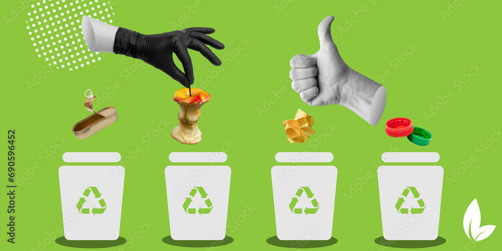 Ecology, waste sorting, recycling. Hand in black glove sorts household ...