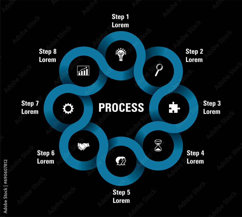 Blue flowchart with symbols, icon collection. Isolated on black. Vector ...