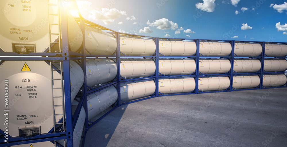 Tank containers with a fuel tank in the logistics area. This image can ...
