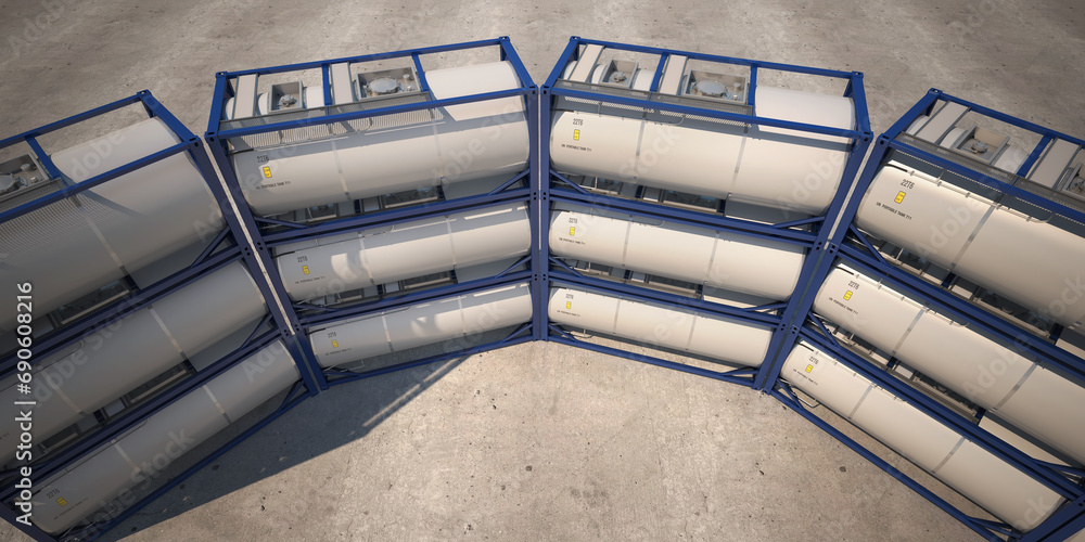 Tank containers with a fuel tank in the logistics area. This image can ...
