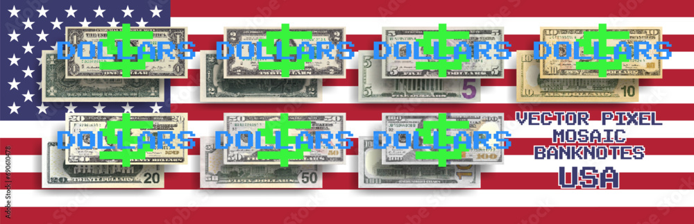 Vector set of pixel mosaic US banknotes. Collection of notes in ...