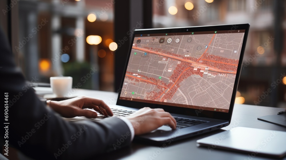 Man is working on a laptop and using a map to navigate his work Stock ...