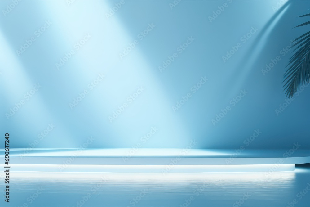 Light blue studio background with shadow from palm leaves on the wall ...