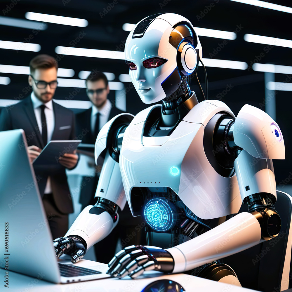 Robot con inteligencia artificial usando un laptop y dos ingenieros de robótica observandolo y ...