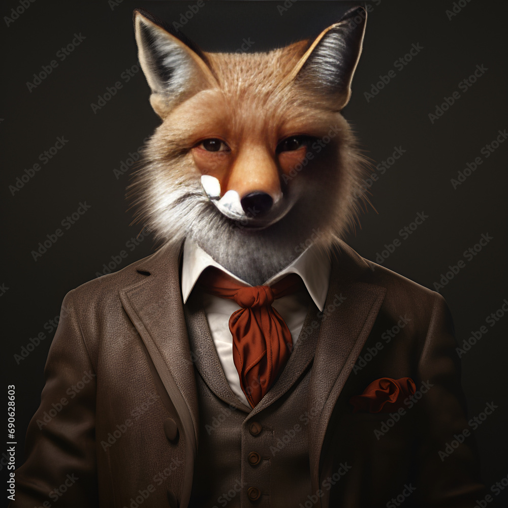Fox with office suit,scammer dark background full hd,8k. Business scam ...