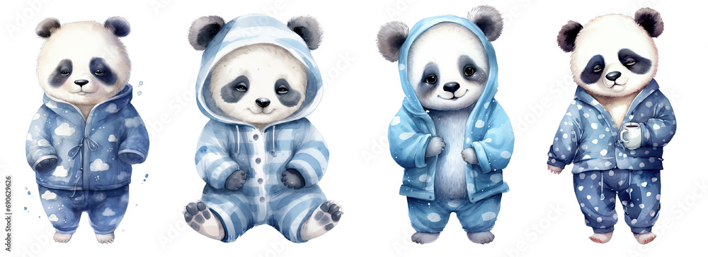 Collection of PNG. Chubby cute panda wearing pajamas. watercolor ...