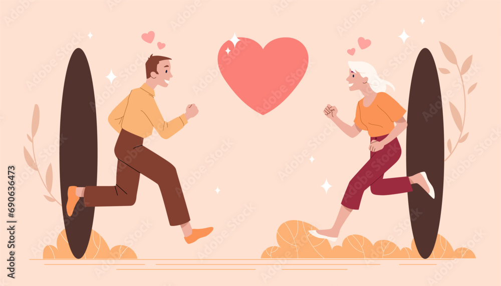 Finding love concept. Man and woman run each other from black holes ...