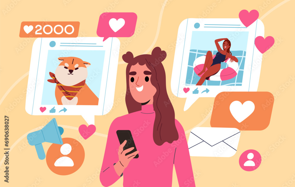 Girl like social media post. Woman with interesting content on internet ...