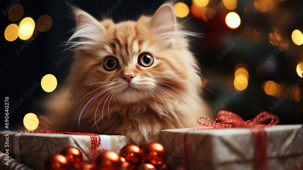 Obraz A cat with present gift boxes near Christmas tree at room ...
