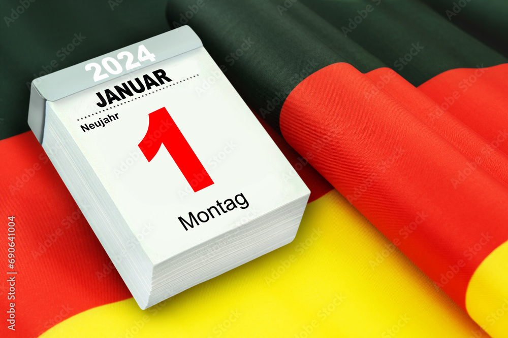 Deutscher Kalender und Datum 1. Januar 2024 mit Deutscher Flagge ...