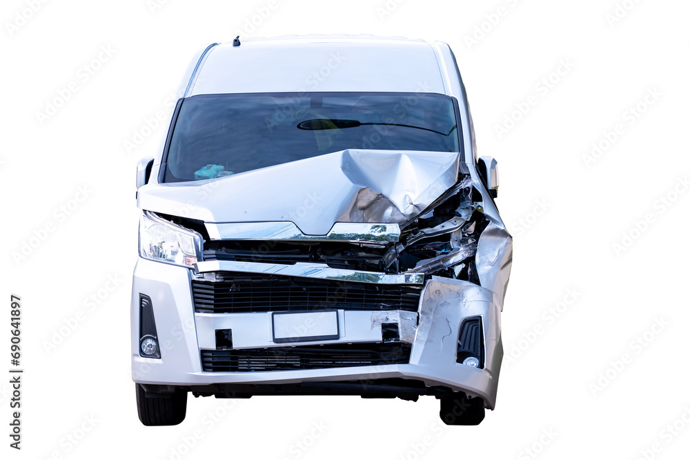 Front view of white van get damaged by accident on the road. damaged ...