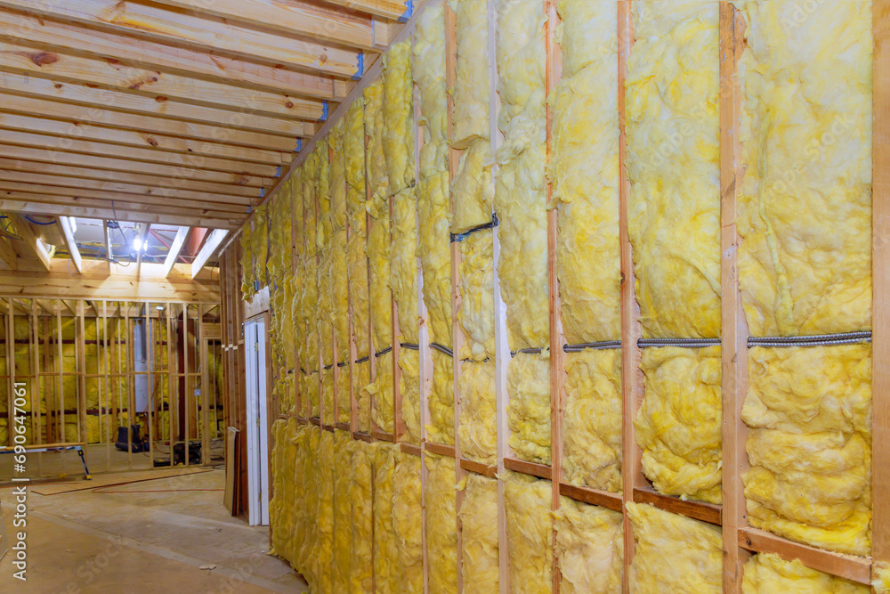 Thermal fiberglass insulation mineral rock wool installation to wall at ...