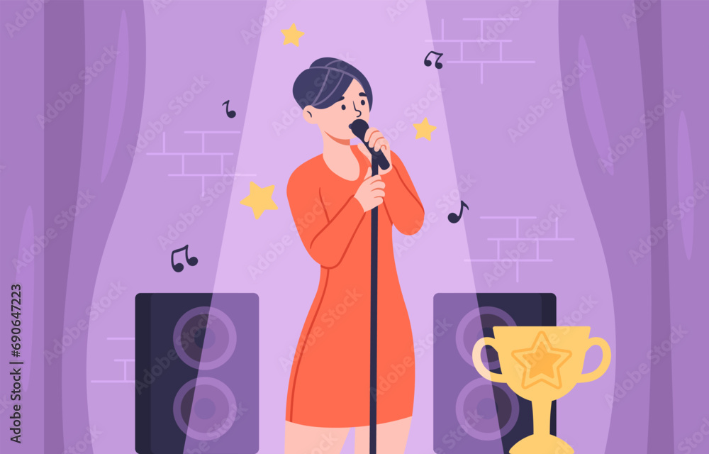 Singer at scene concept. Young girl in red dress sing at microphone ...