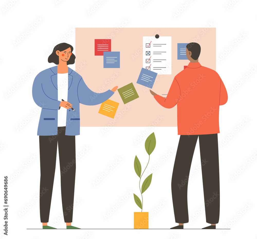 Time management scene concept. Man and woman near board with to do ...