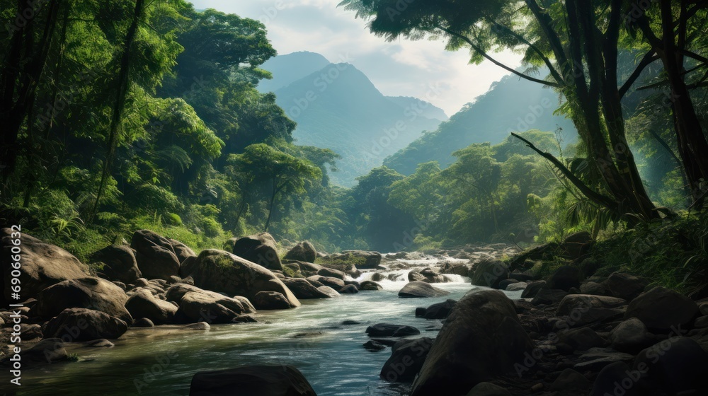 Beautiful sunlight in the green forest,Deep tropical primeval forests ...