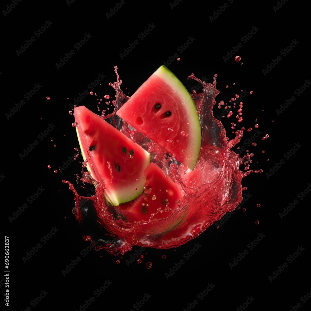 Watermelon, sliced watermelon, splashed watermelon juice,Red background ... Watermelon, sliced watermelon, splashed watermelon juice,Red background ...
