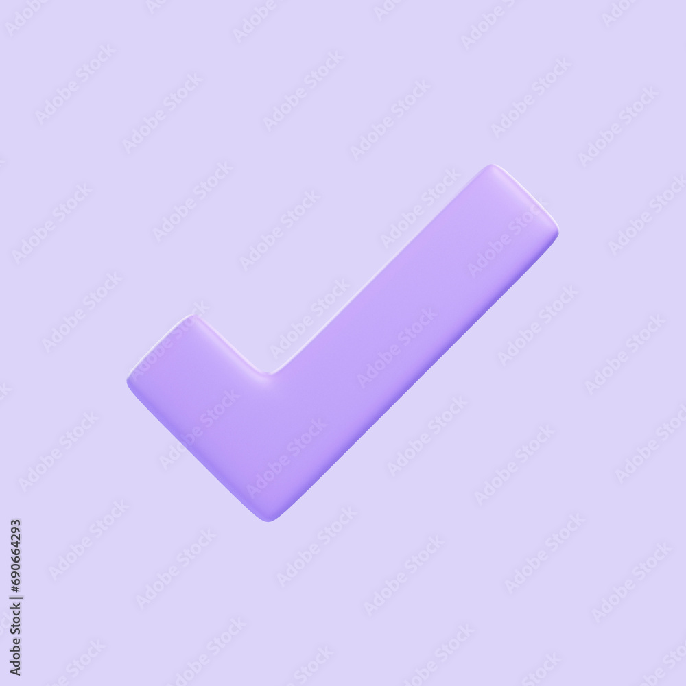 Purple check mark isolated on purple background. 3D icon, sign and ...