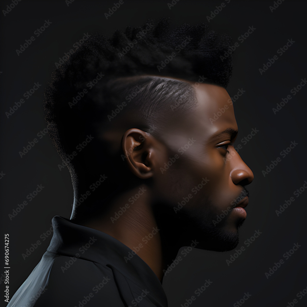 black male with a sharp cut hair side view hair, in the style of ...