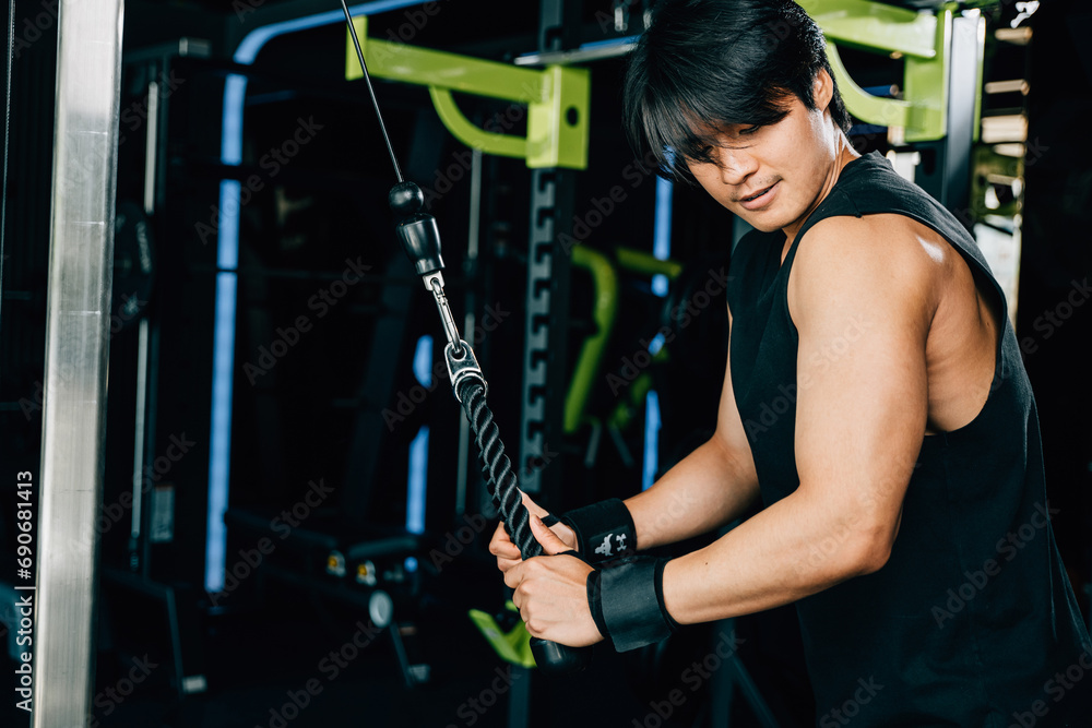 Muscular young man exercising with a pull down cable machine, targeting ...