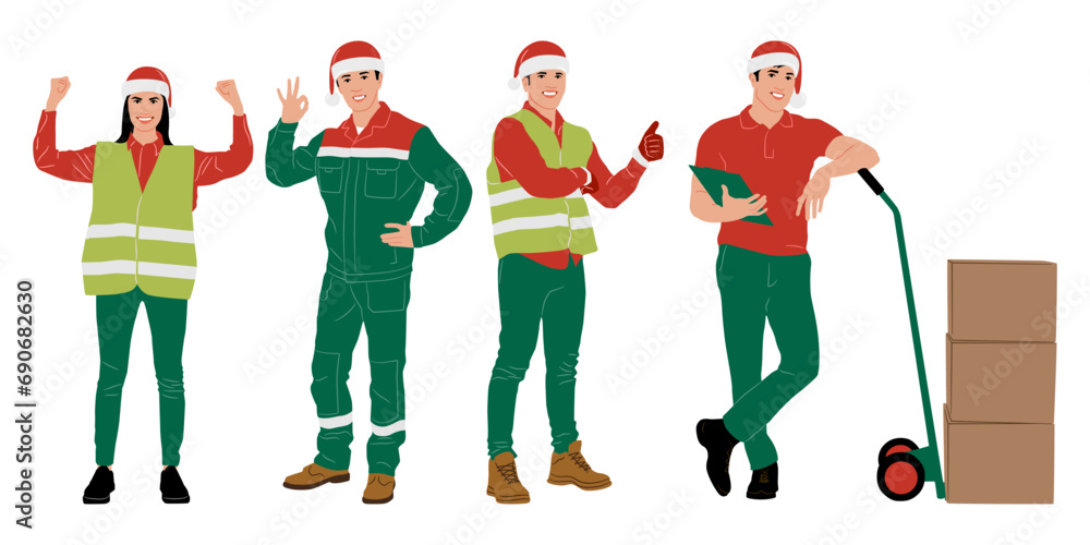 Set of male and female construction workers wearing Christmas hats and ...