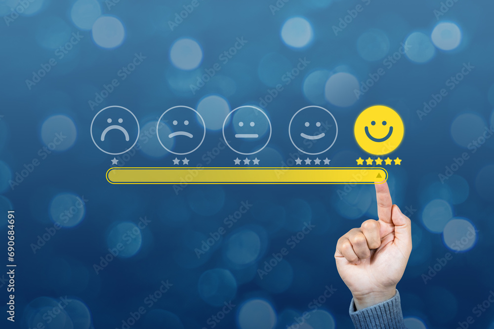 Customer touching loading bar for rating feedback scale. Loading giving ...