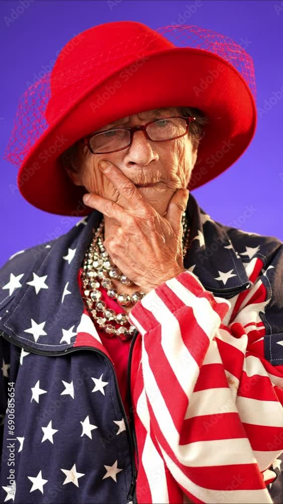 Vertical video portrait of toothless funny elderly senior old woman ...