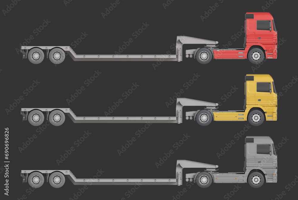 Lowboy trailer truck. 3d illustration. Orthographic (equiangular) view ...