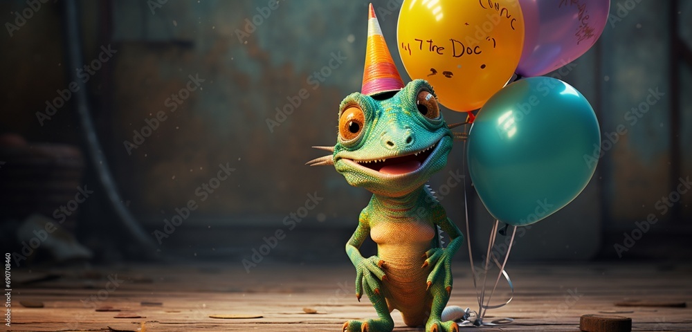 A mirthful lizard holding a birthday balloon, celebrating joyously ...